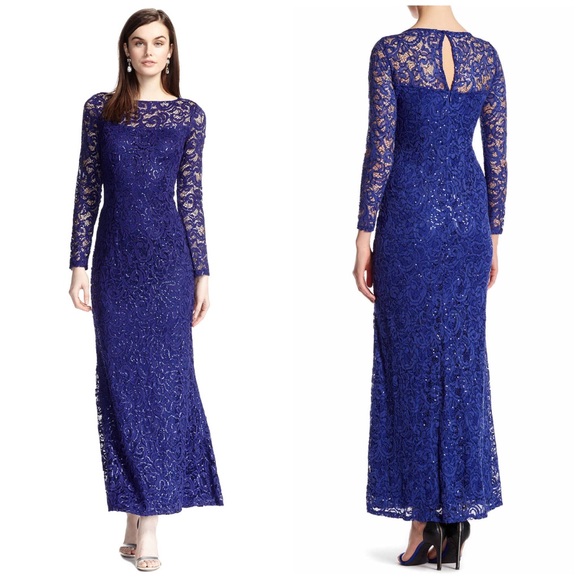 MARINA | Dresses | Marina Cobalt Long Sleeve Lace Sequin Gown Maxi ...
